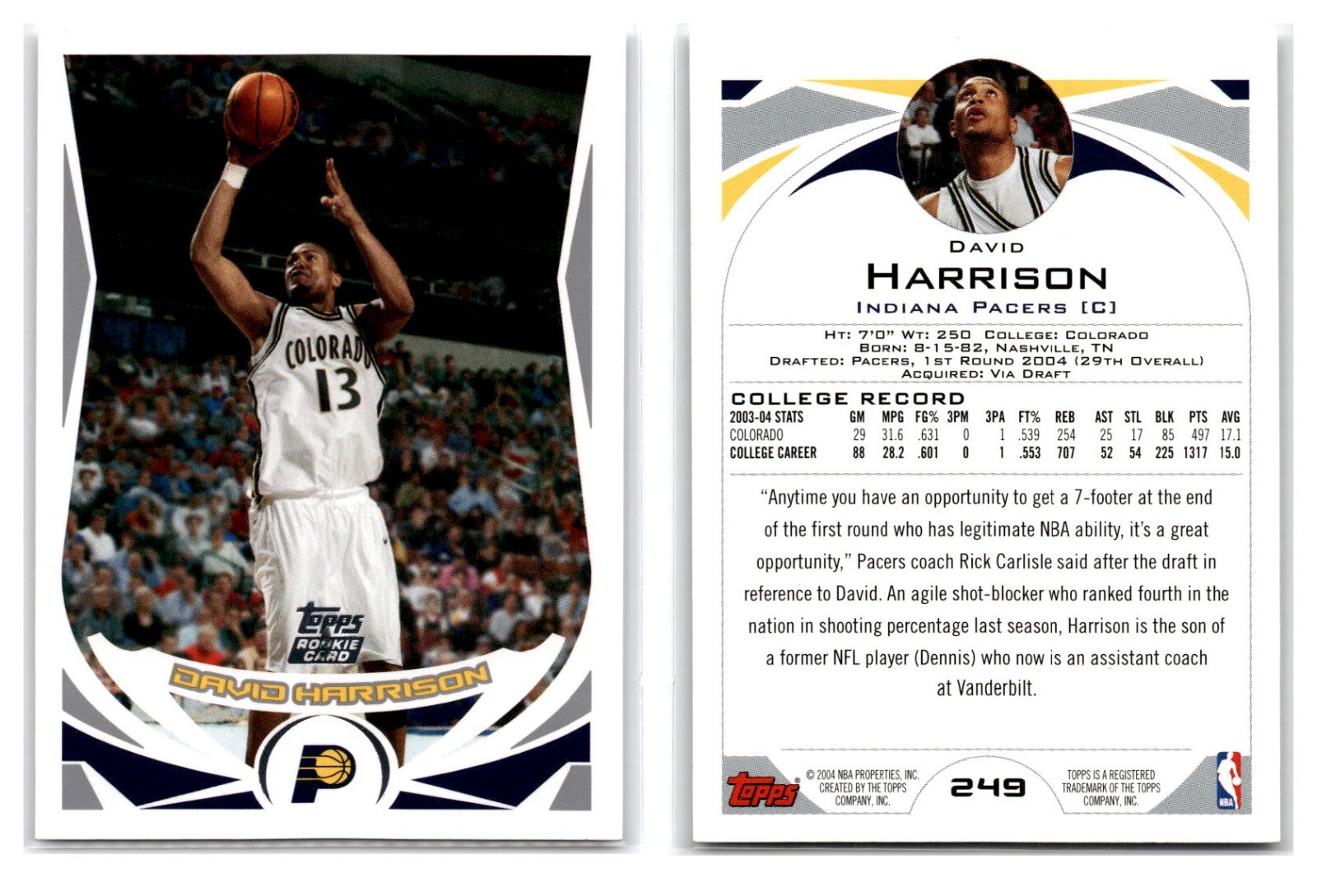 2004-05 Topps #249 David Harrison RC - Indiana Pacers | eBay