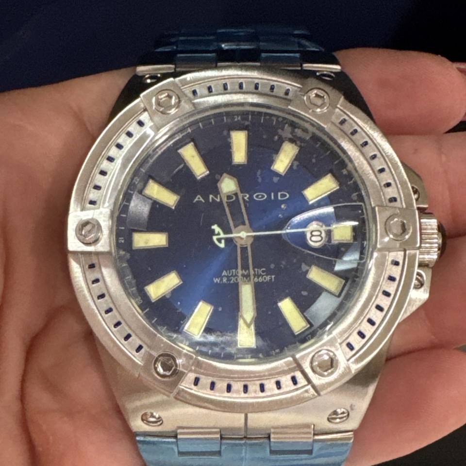 New!! Men’s Android Divemaster Predator Silver Tone Blue Face Automatic ...