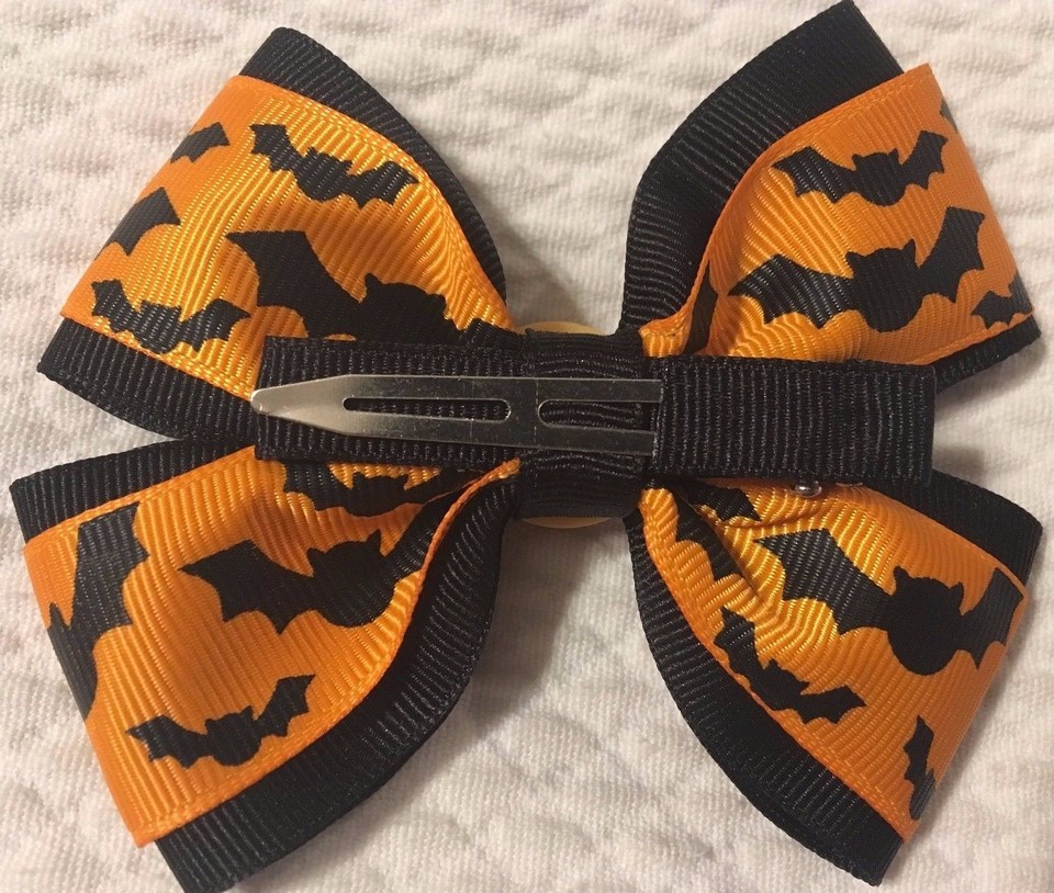 Girls Hair Bow 4" Wide Halloween Orange Ribbon Bats Flatback Alligator ...