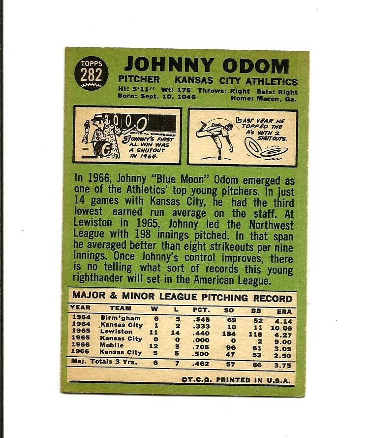 1967 TOPPS #282 Johnny Odom: Kansas City Athletics: Pitcher: Baseball ...