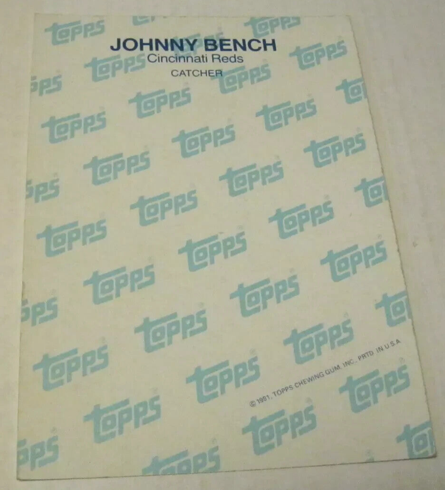 Johnny Bench Cincinnati Reds 5x7 size Topps 1981 Baseball Oversized ...