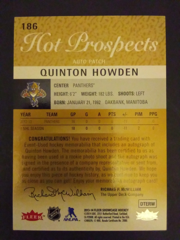 2013/14 FLEER SHOWCASE QUINTON HOWDEN HOT PROSPECTS | eBay