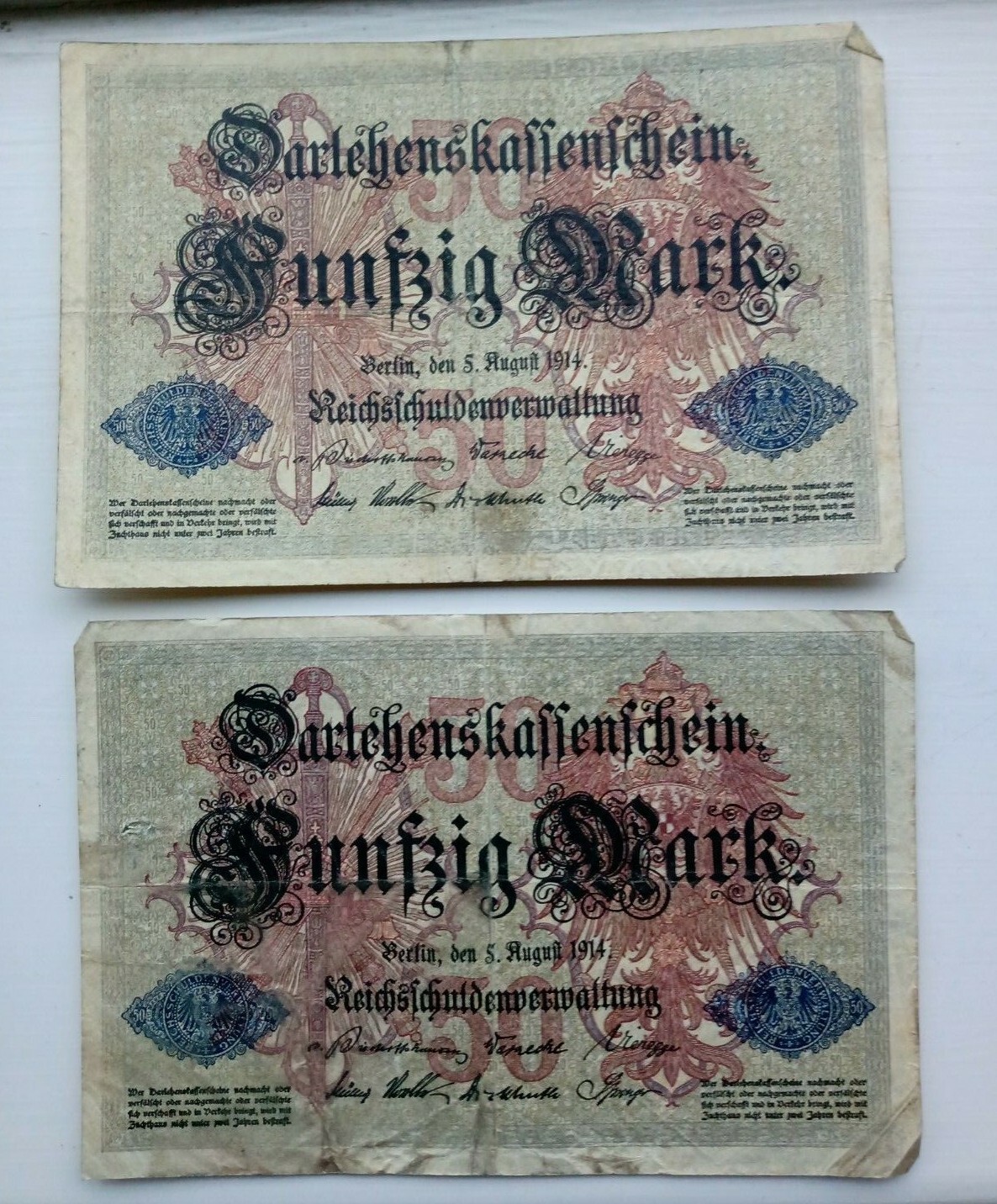 6 x WW1 Original German Funfzig 50 Mark DARLEHENSKAFFENFCHEIN Loan ...