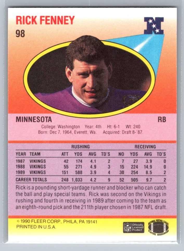Rick Fenney 1990 Fleer FOOTBALL #98 Minnesota Vikings | eBay