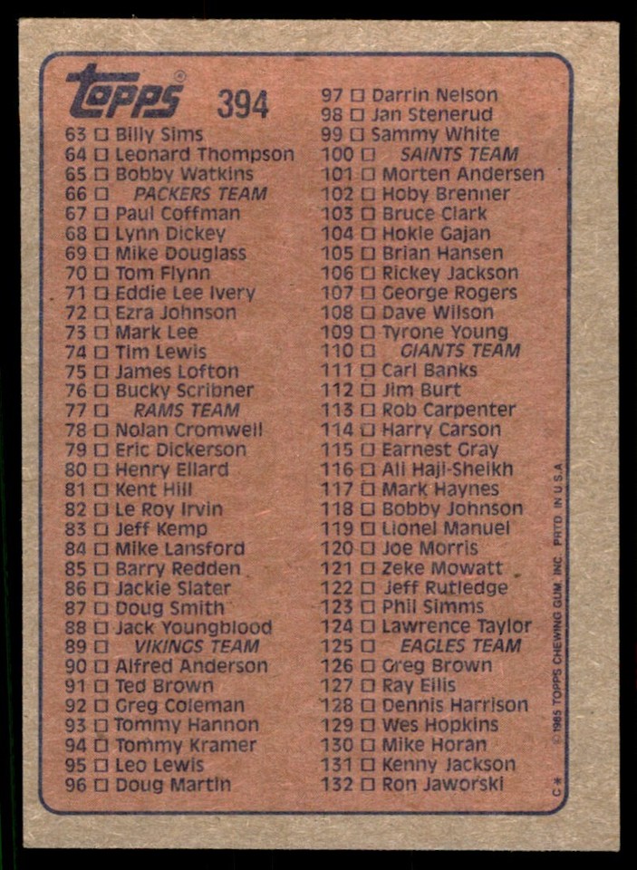 1985 Topps Checklist 1-132 #394 | eBay