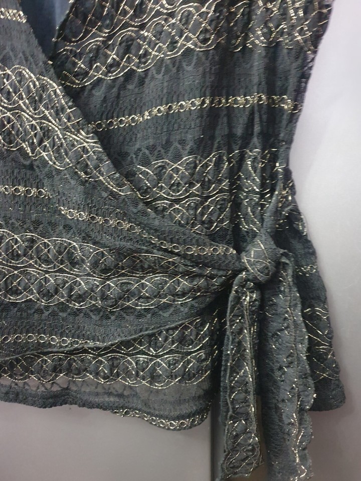 Womens Black Gold Lace Wrap Top UK14 EU42 US10 Tie Front Party Occasion Blouse | eBay UK