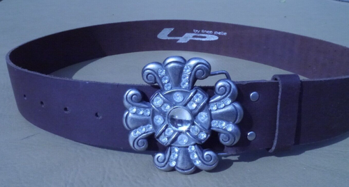 Belt LP Linea Pelle Brown Leather Silver Floral Buckle Rhinestone 34 ...
