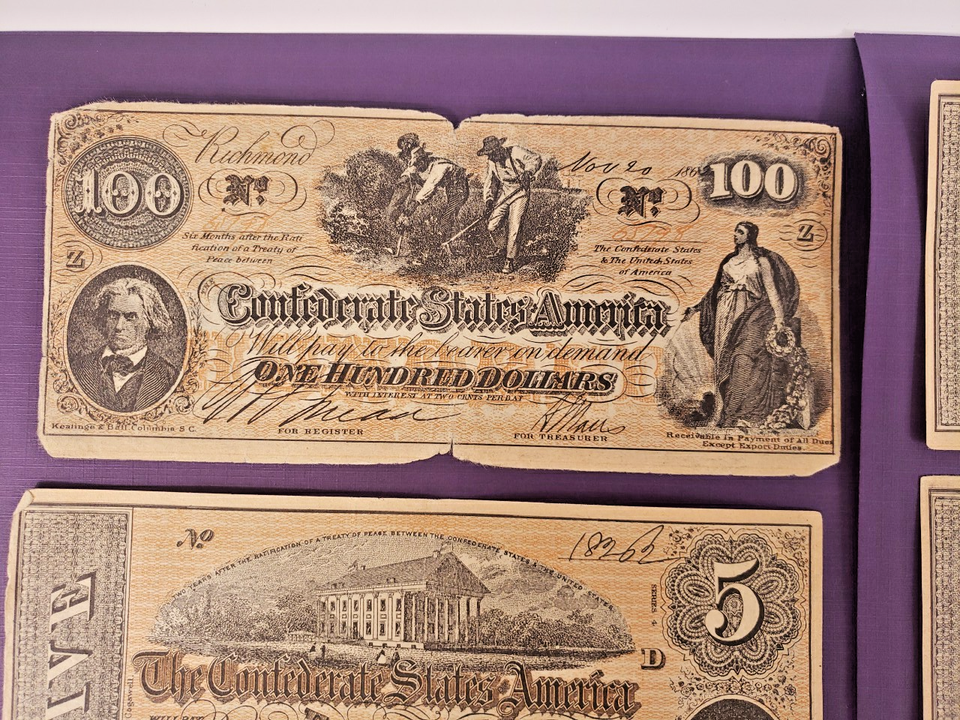 Lot of 6 Vintage Reproductions of Confederate Currency $100 (1) $5 (5 ...