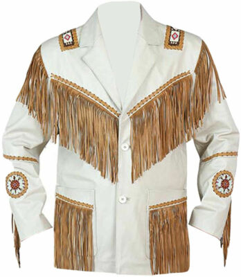 Men's Western Wear Cowhide Leather Fringe Jacket Bones Beads Braid( ALL ...