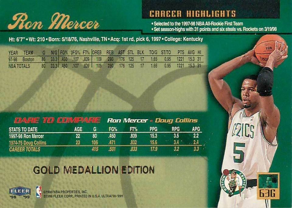 RON MERCER 1998-99 Fleer Ultra GOLD MEDALLION EDITION #63G Celtics | eBay