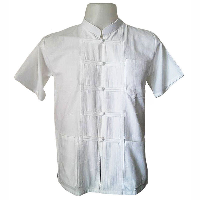 Mens White Cotton Shirt Chinese Style Mandarin Kung Fu Tops Casual
