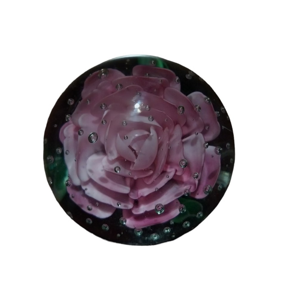 Art Glass Paperweight Pink Flower Hand Blown Bubbles Round Shape ...