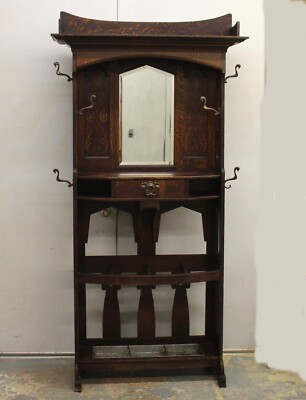 Antique Mission Arts and Crafts Oak Hall tree Stand with Mirror | eBay