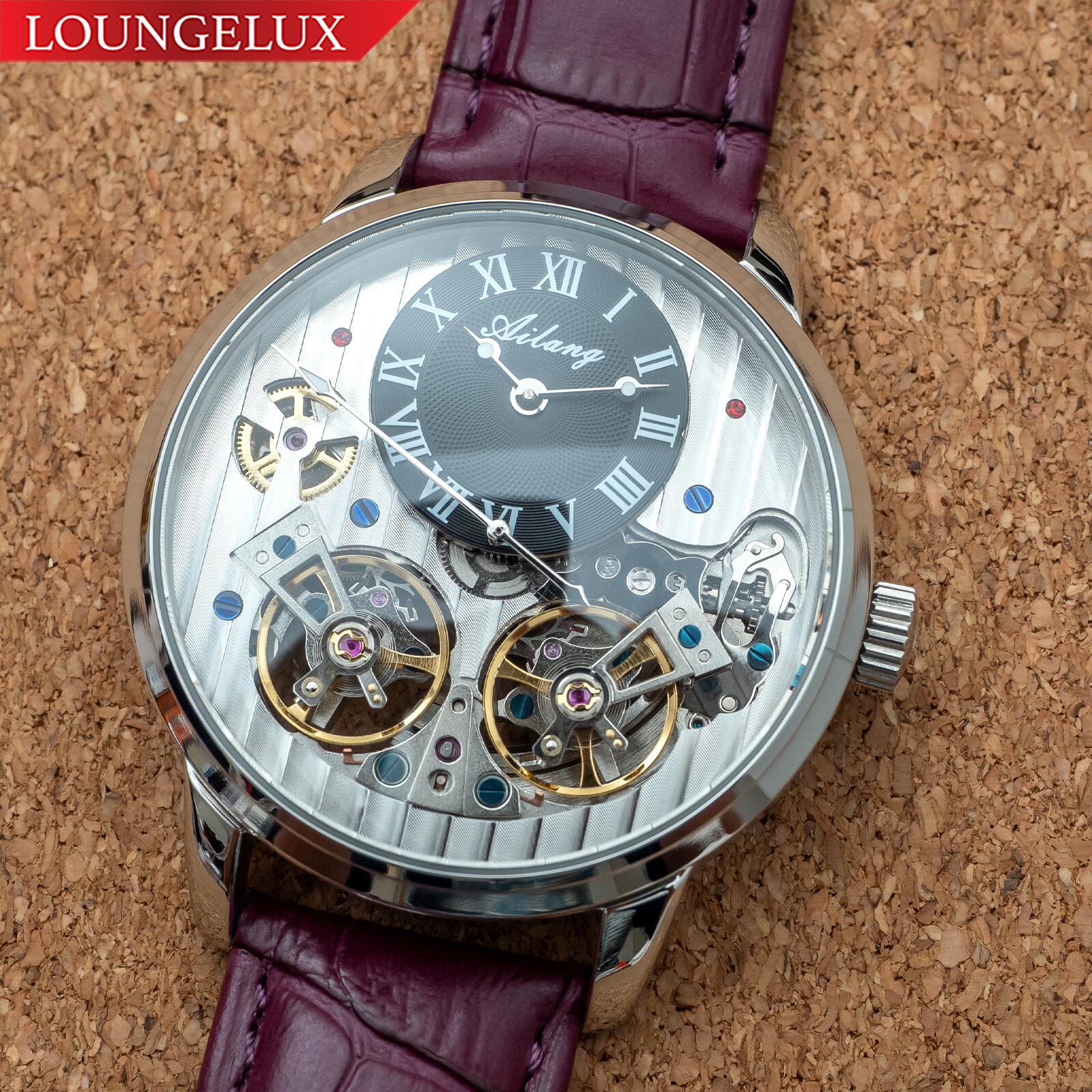 Mens Double Flywheel Automatic Mechanical Watch Silver Black Dial ...