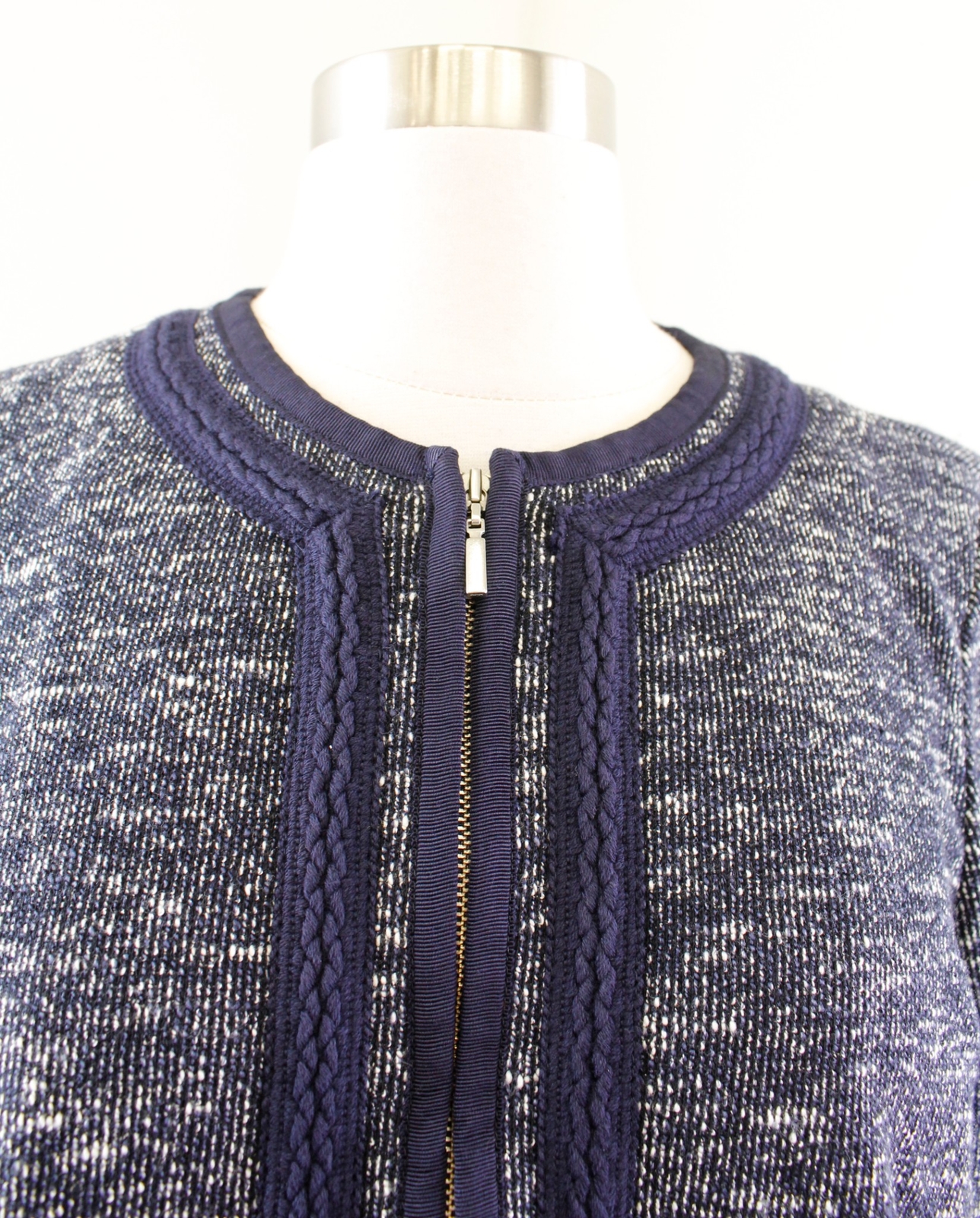 Talbots Navy Blue White Tweed Zip Front Collarless Bl… Gem