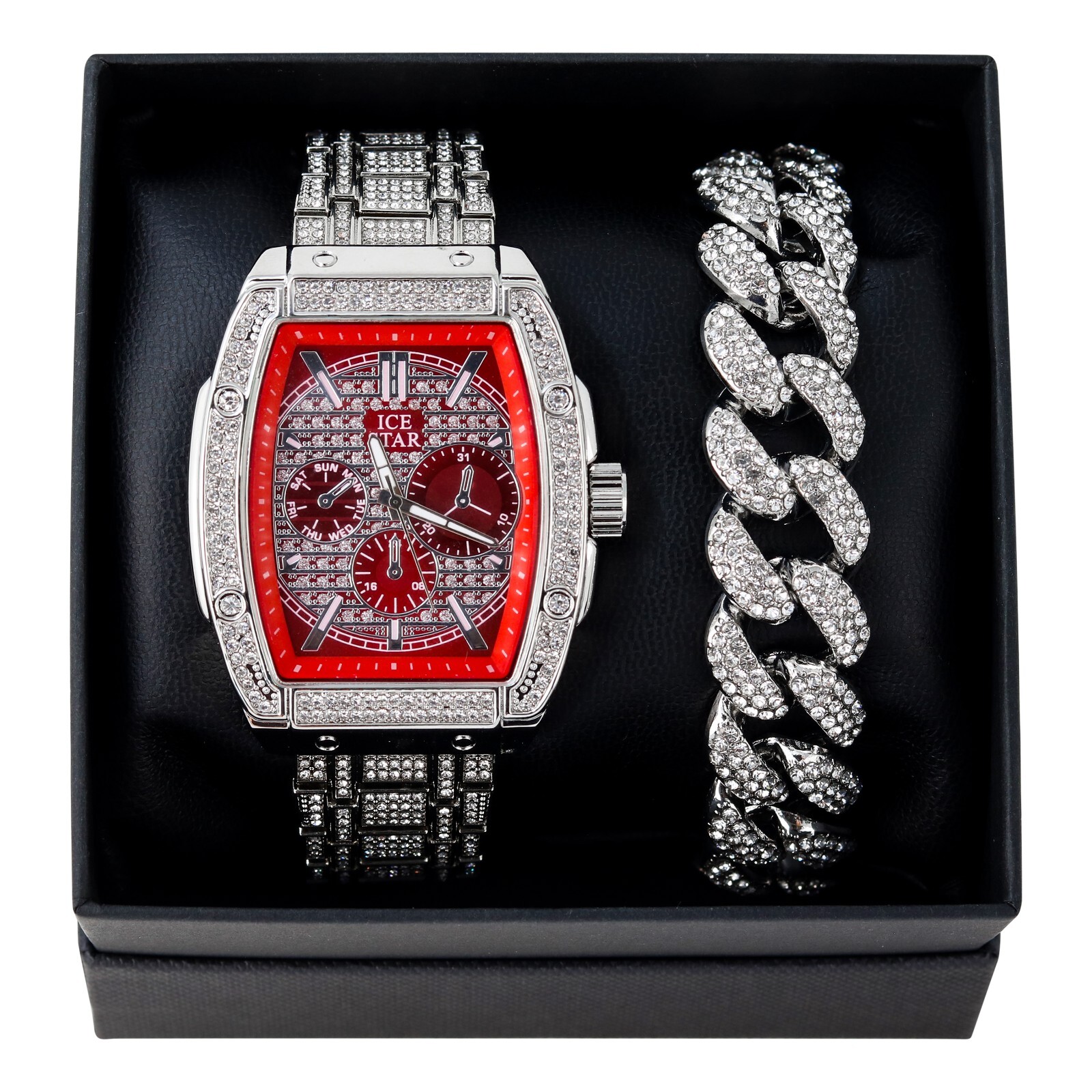 HIP HOP SIMULATED DIAMOND LUXURY METAL BAND WATCH & ICED CUBAN BRACELET ...
