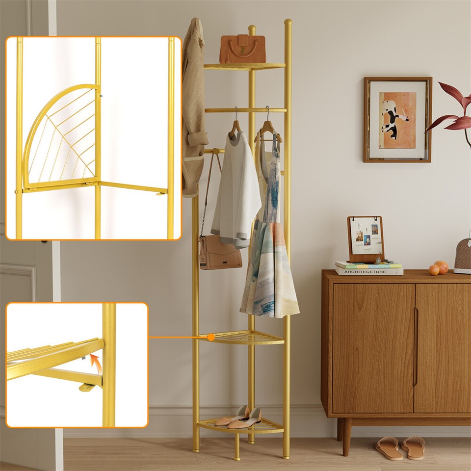 Gold Coat Rack Modern Garment stand with Shelves Hooks Heavy-duty ...