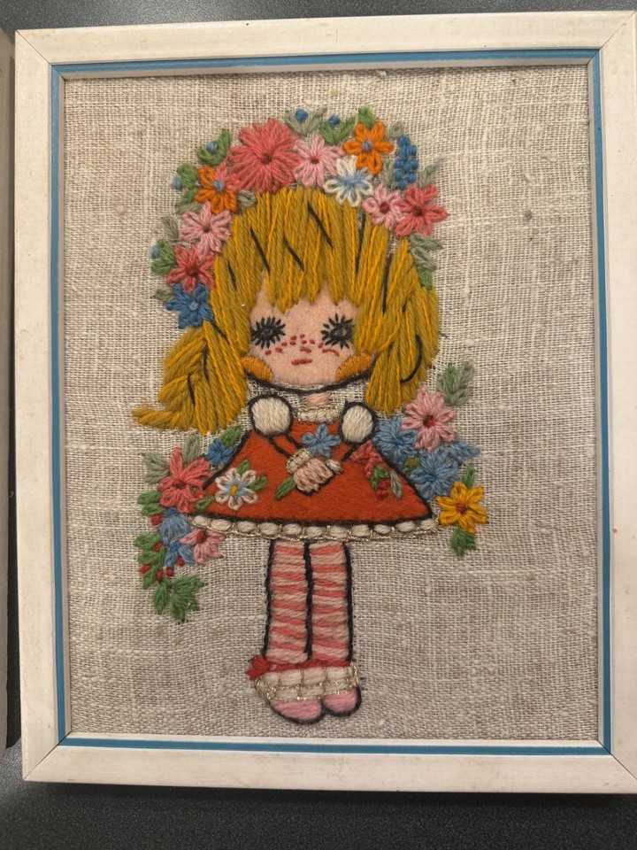 Vtg Crewel Embroidery Barbara Keane's BIG EYES Flower Child Boy & Girl ...