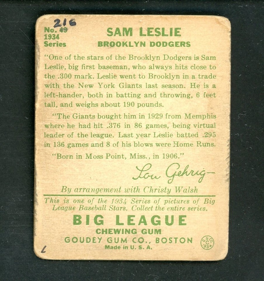 1934 Goudey #49 Sam Leslie Brooklyn Dodgers | eBay