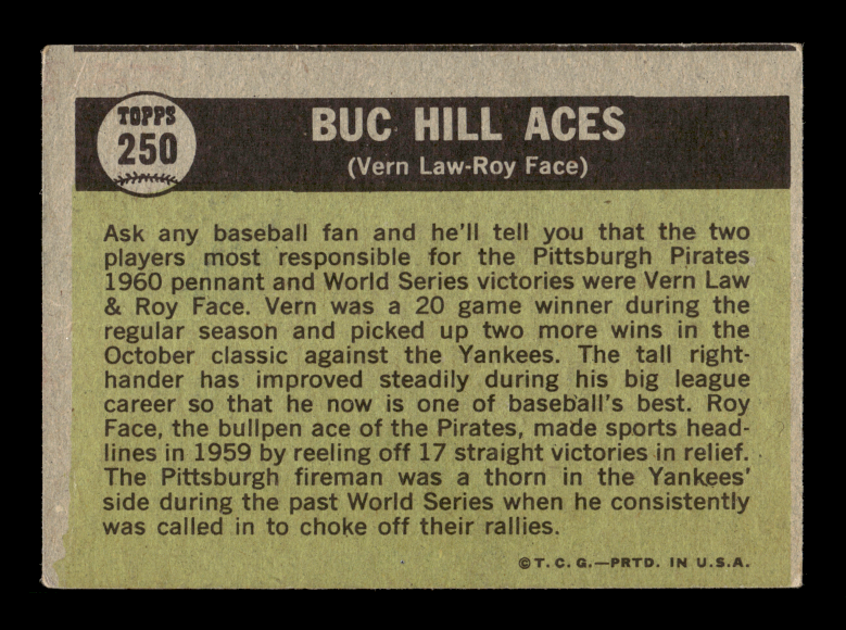 1961 Topps # 250 Vern Law Roy Face Autograph Signed Card (M2 ...