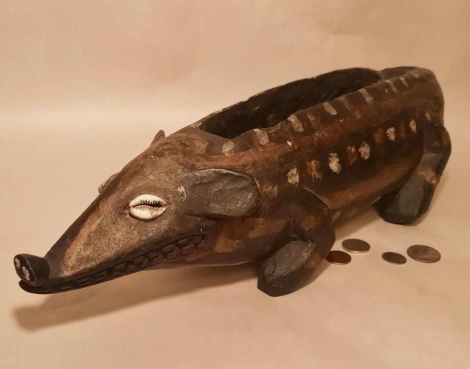 SLIT DRUM vtg wild boar pig pacific island tiki wood carving papua new ...