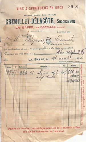 Facture ancienne Gremillet-Delacôte à La Baffe 1926 old french invoice ...