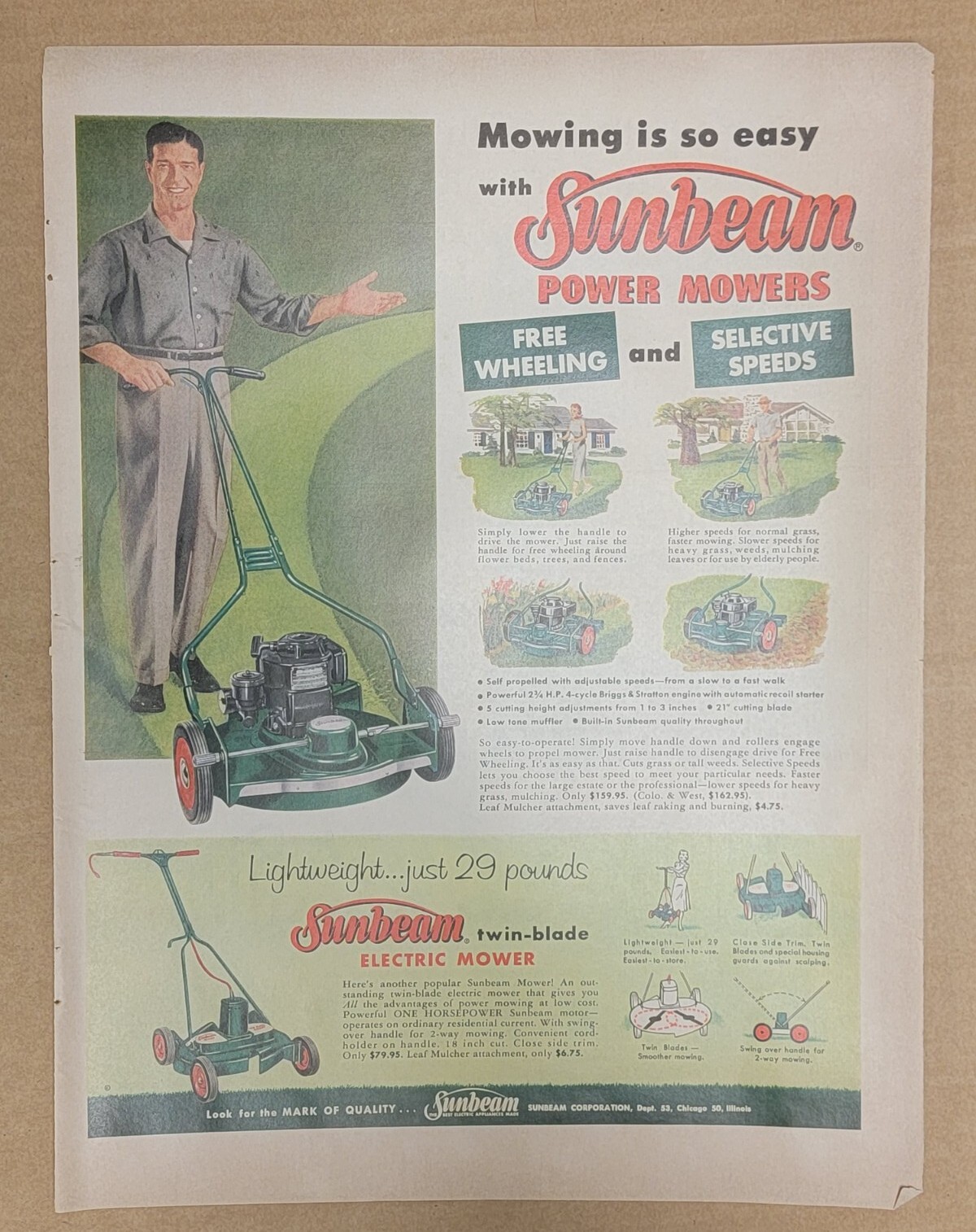 VINTAGE 1957 Print Ad Advertisement Sunbeam Lawn Mower Electric | eBay