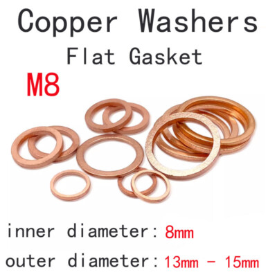 M8 Copper Flat Gasket Round Washers Sealing Washer 8mm Inner Dia 13mm ...