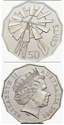 2002 Australia 50cent coin Year of the Outback Windmill Queen Elizabeth ...