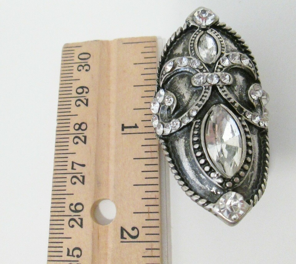 Fleur de Lis Shield Statement Ring Untested Silver Tone Rhinestone ...
