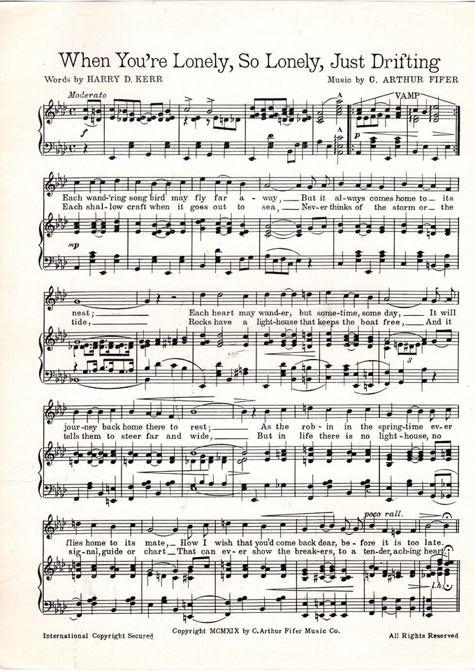 WHEN YOU'RE LONELY Music Sheet-1919-KERR/FIFER-RUTH CLIFFORD-Silent ...