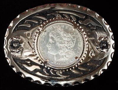 1886 Morgan Western Silver Dollar Belt Buckle Silver on Black Colors ...