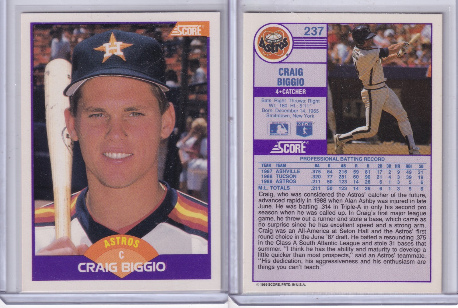 1989 Score Baseball Card # 237 Craig Biggio Rookie Houston Astros NM+ ...