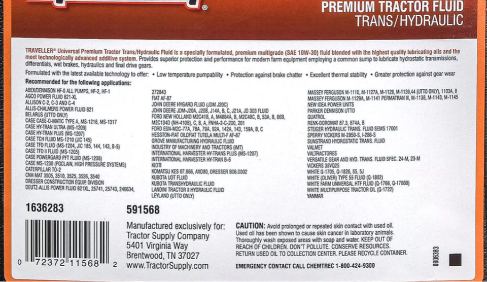 Traveller T806383 Premium Tractor Trans/Hydraulic Fluid, 2 gal. | eBay