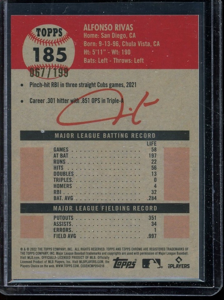 2022 Topps Chrome Platinum Toile Blue Refractor Alfonso Rivas Rc #185 /199 | eBay