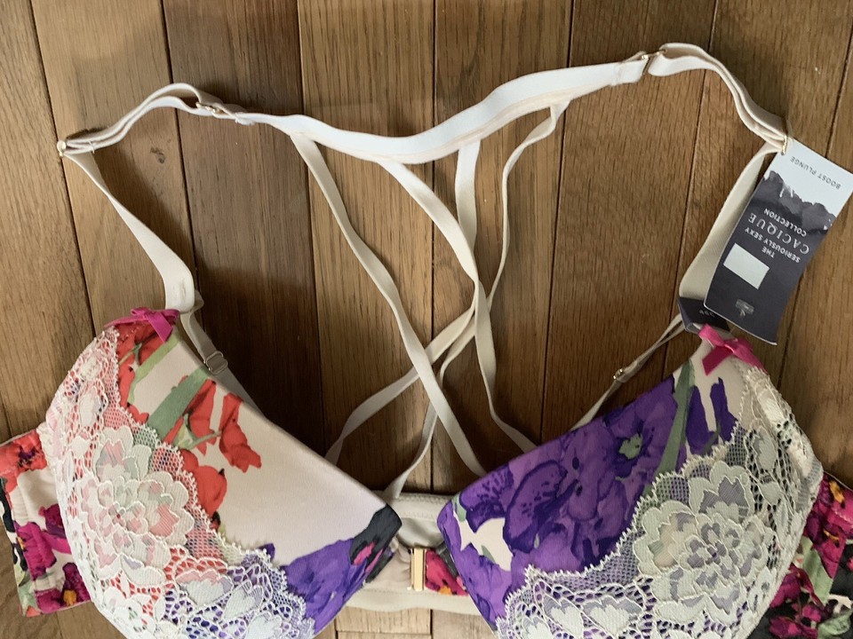 Plus Size 44C Cacique Front Close Boost Plunge Bra Cream Lace Floral ...