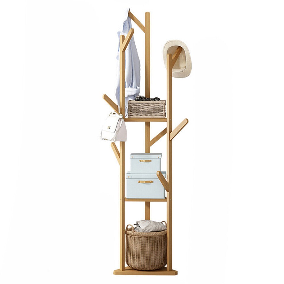 Coat Hanger Freestanding Hall Tree with Storage Shelves Solid Wood ...