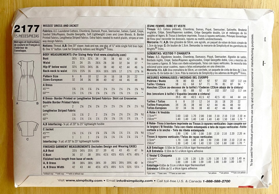 Simplicity Pattern 2177 Women’s Spring/Summer Dress Jacket Sz 6-14 ...