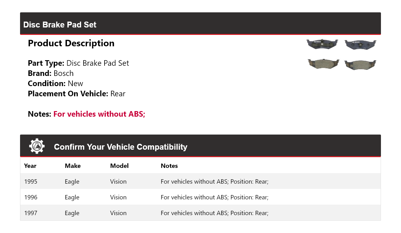 For 1995-1997 Eagle Vision Bosch QuietCast Semi-Metallic Brake Pads ...