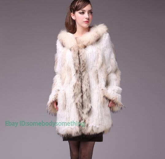 100% Real Genuine Knitted Rabbit Fur Fox Hood Warm Women Outwear Coat ...