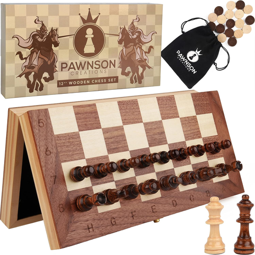 Magnetic Wooden Chess Checkers Set for Kids and Adults - 12 in Staunton ...