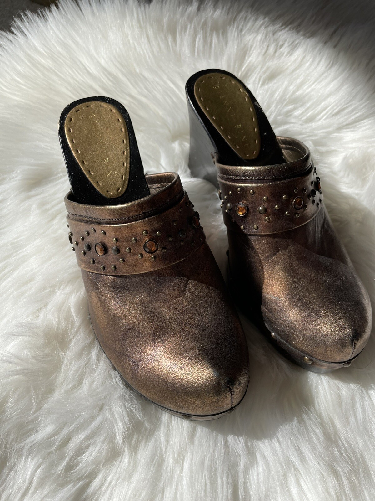 Gianni Bini Sonya Gold Metallic Leather Embellished W… - Gem