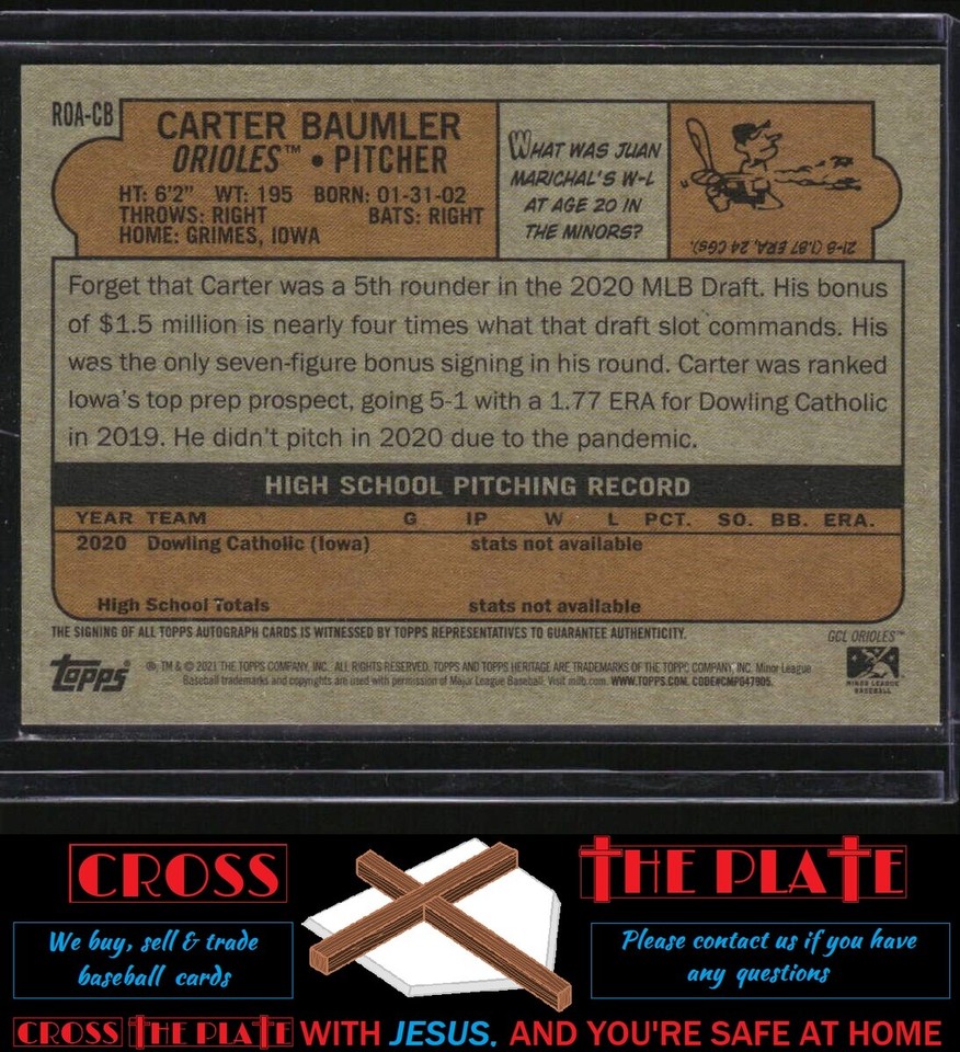 1-2021 Topps Heritage Minor League Real One Auto Carter Baumler Orioles ...