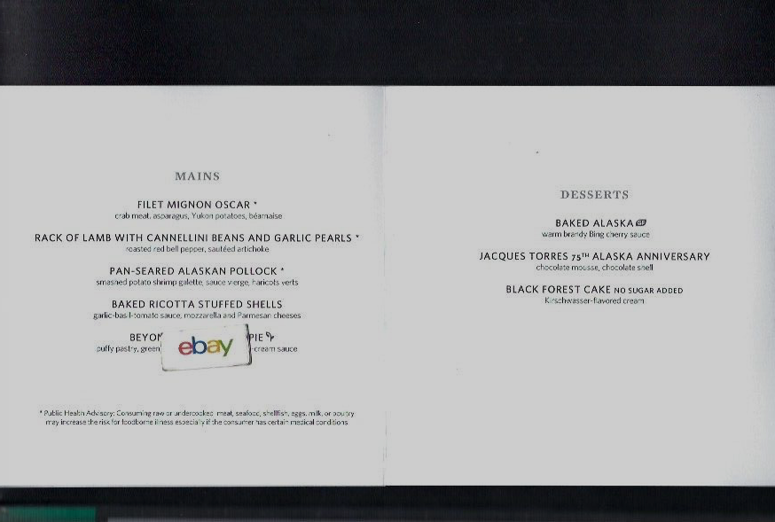 HOLLAND AMERICA LINE M/S EURODAM DINNER MENU CHEF RUDI 75 YEARS ALASKA ...