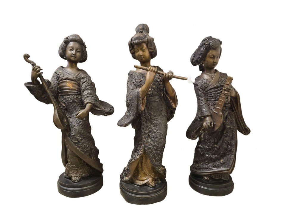 3 pcs ANTIQUE 19c JAPANESE BRONZE STATUE GEISHA GIRL MUSICIANS ...