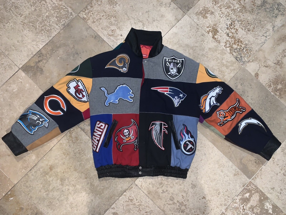 VINTAGE REEBOK JEFF HAMILTON NFL TEAM LOGOS LEATHER JACKET VINTAGE REEBOK JEFF HAMILTON NFL TEAM LOGOS LEATHER JACKET