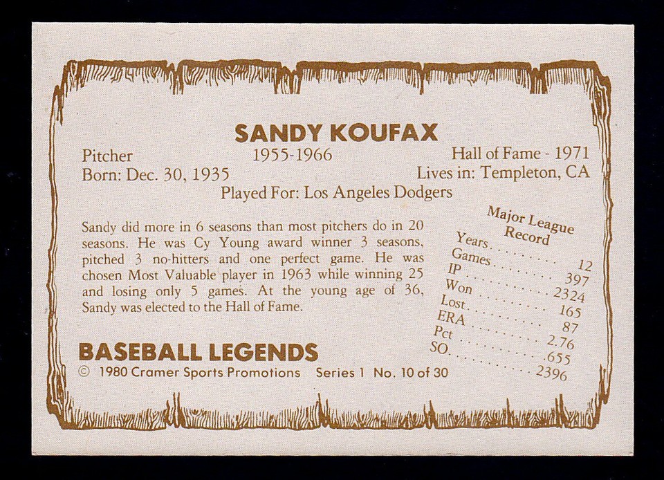 1980 Cramer Baseball Legends #10 Sandy Koufax, Brooklyn Dodgers / NM ...