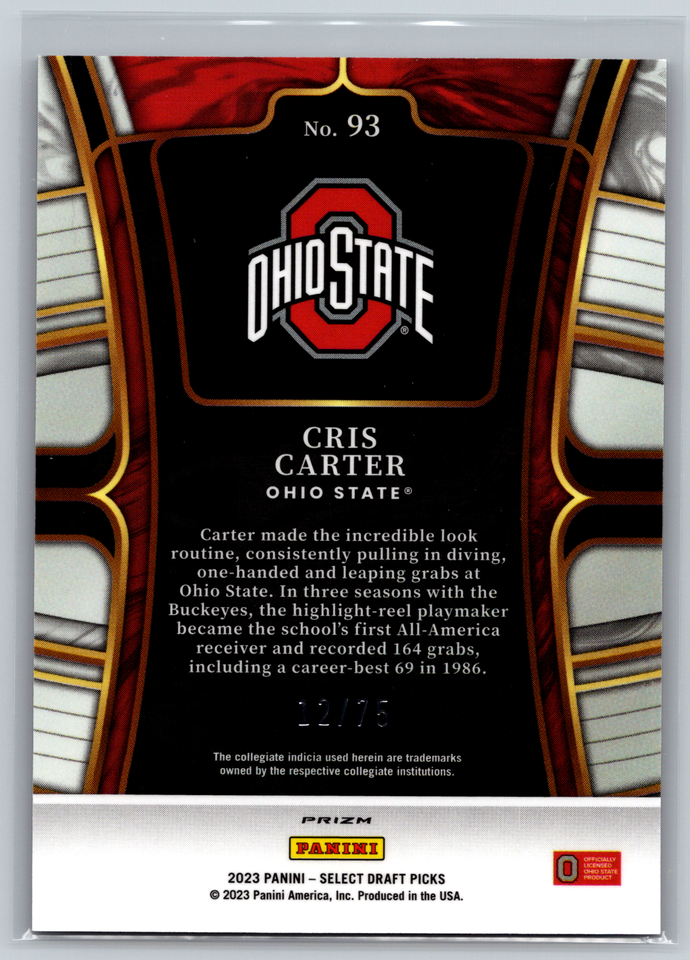Cris Carter 2023 Panini Select Draft Picks Purple Prizm /75 #93 Ohio ...