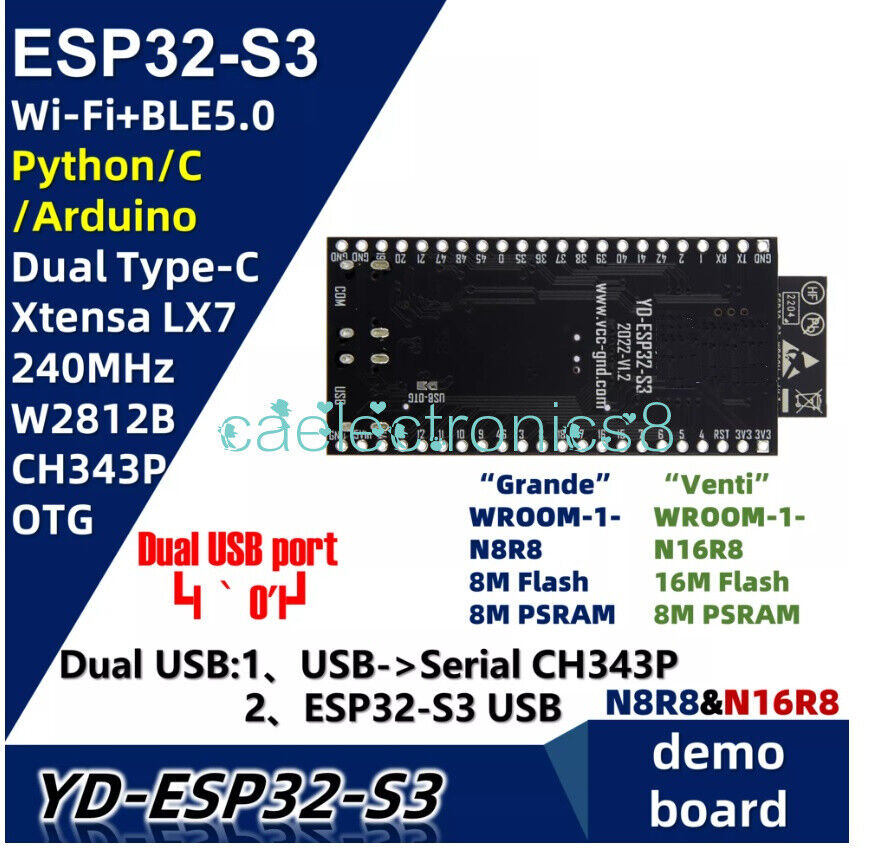 Esp32 S3 Esp32 S3 Devkitc 1 Dual Type C Usb Esp32 S3 Wroom 1 N8r8 Micropython Ebay