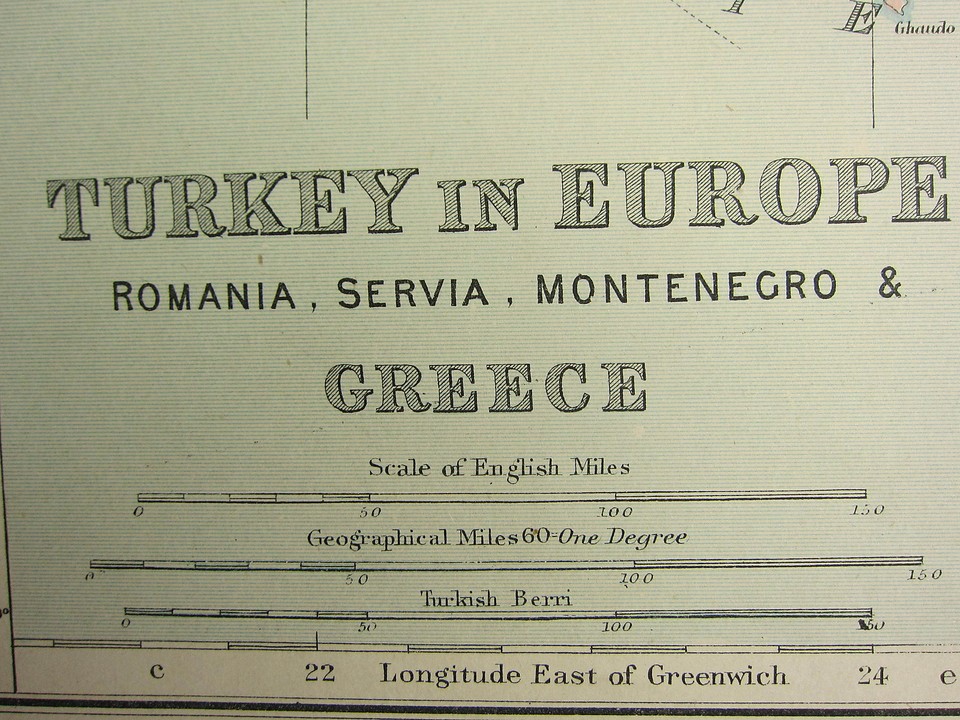 1893 ANTIQUE MAP TURKEY IN EUROPE RUMANIA SERVIA MONTENEGRO GREECE ...